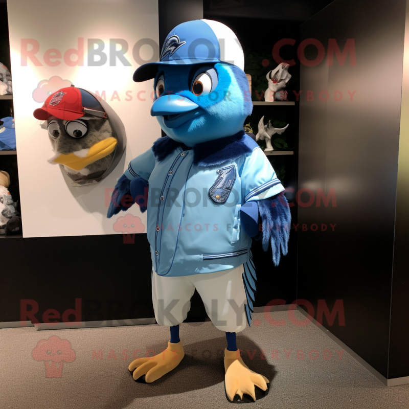 Personaje de traje de mascota Cyan Blue Jay vestido con una chaqueta ...