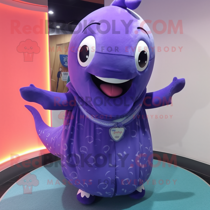 Personnage de costume de mascotte de baleine violette habillé d'une ...