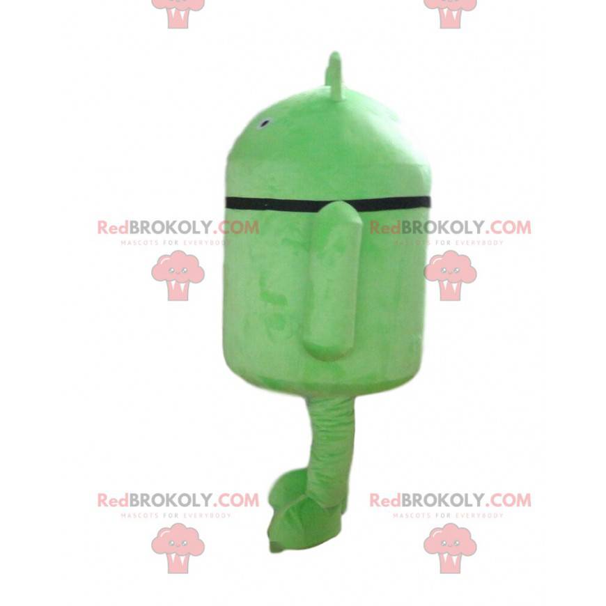 Android mascot, green robot costume, mobile phone
