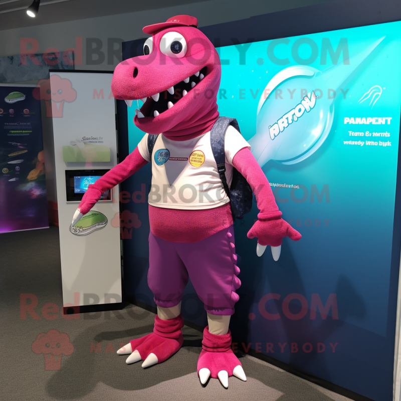 Magenta Loch Ness Monster mascot costume character dressed with a ...