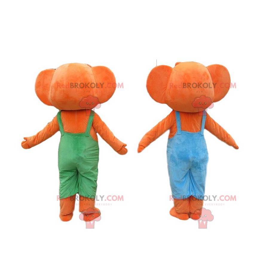 2 orange elephant mascots dressed in colorful