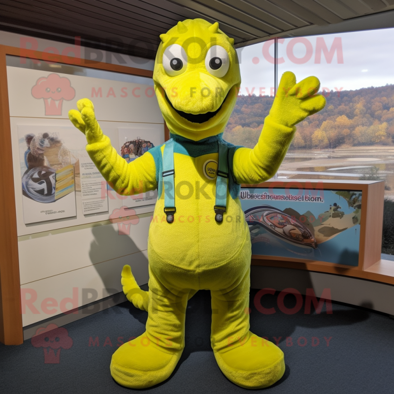 Lemon Yellow Loch Ness Monster mascot costume character dressed with a ...