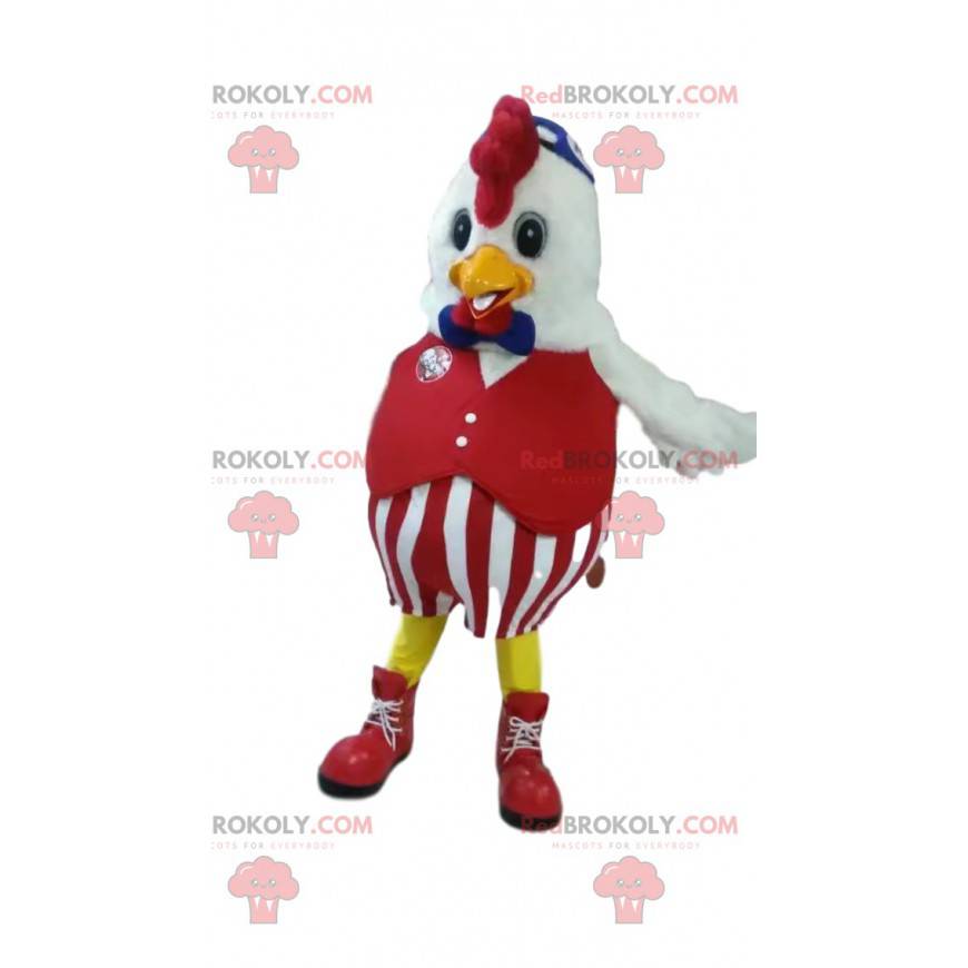Mascota de pollo en traje rojo. Disfraz de pollo