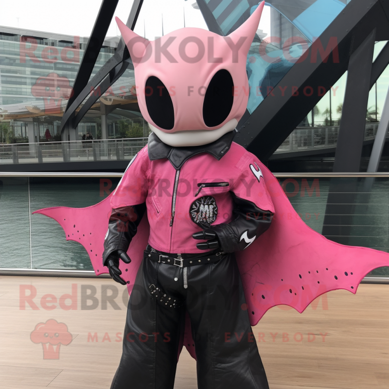Pink Manta Ray mascot costume character dressed with a Biker Jacket and ...