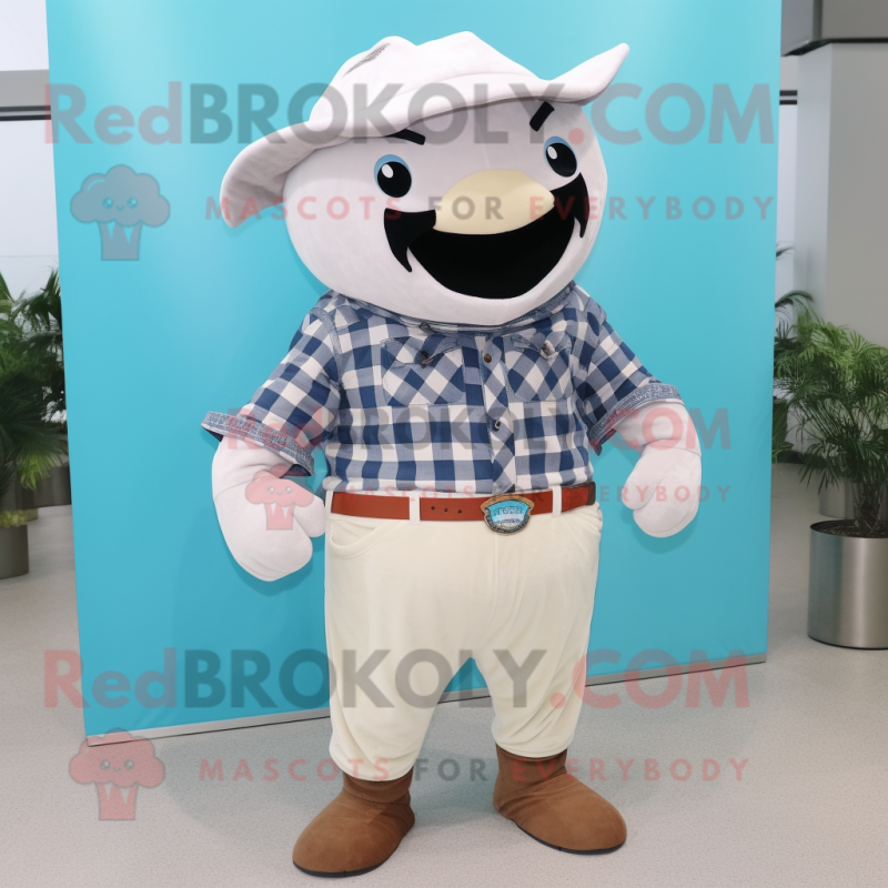 White Manta Ray mascot costume character dressed with a Flannel Shirt ...