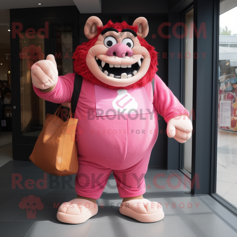 Personaje de disfraz de mascota Pink Ogre vestido con un mono y bolsos ...