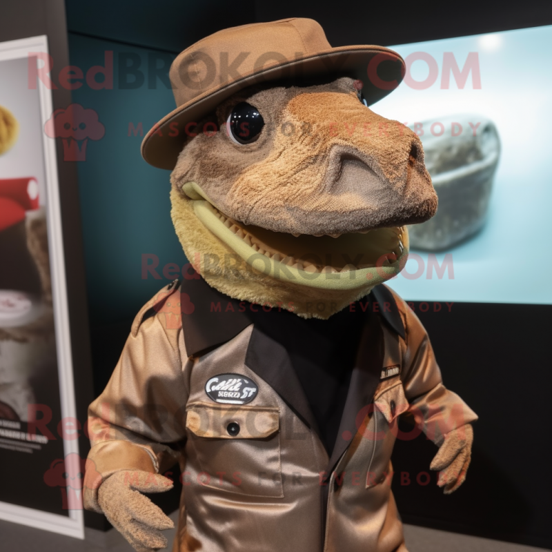 Brown Komodo Dragon mascot costume character dressed with a Leather ...