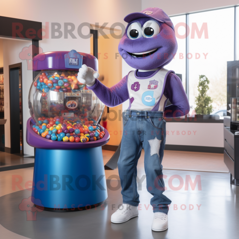 Purple Gumball Machine mascot costume character dressed with a ...