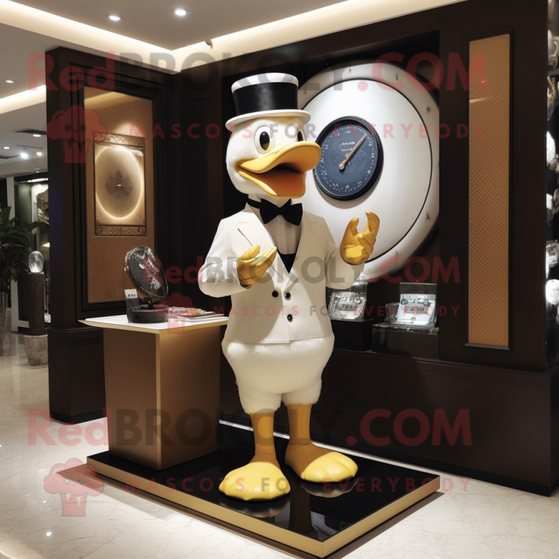 Personagem de fantasia de mascote de pato bege vestido com um smoking e ...
