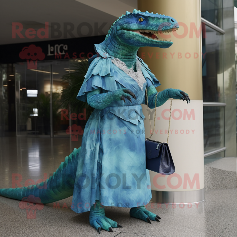 Cyan Allosaurus mascot costume character dressed with a Empire Waist ...