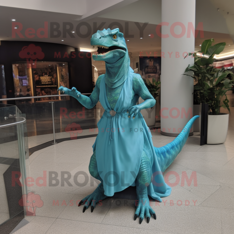 Cyan Allosaurus mascot costume character dressed with a Empire Waist ...