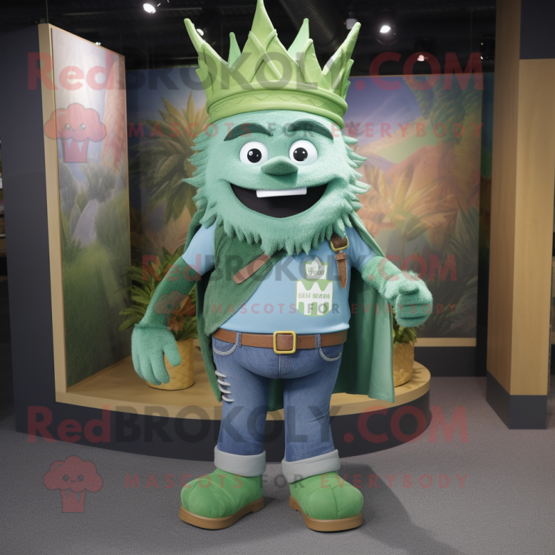 Green King mascot costume character dressed with a Denim Shirt and ...