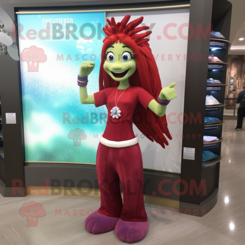 Maroon mermaid mascot costume character dressed with Yoga Pants and ...