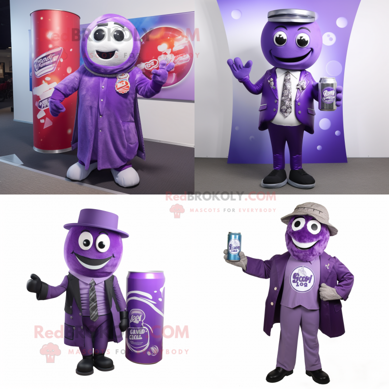 Personnage de costume de mascotte de canette de soda violet habillé ...