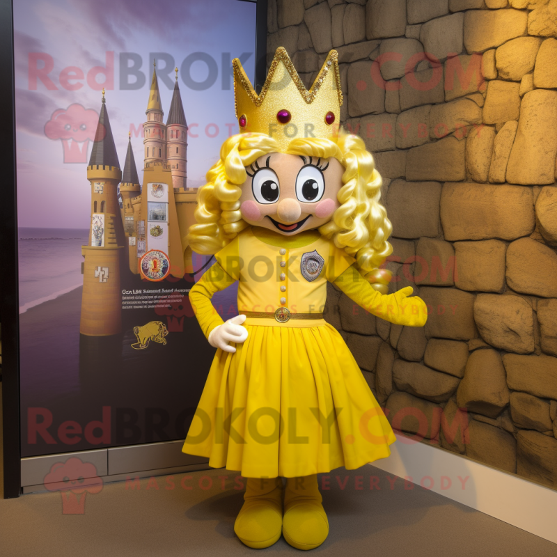 Gold Irish Castle mascot costume character dressed with a Mini Skirt ...
