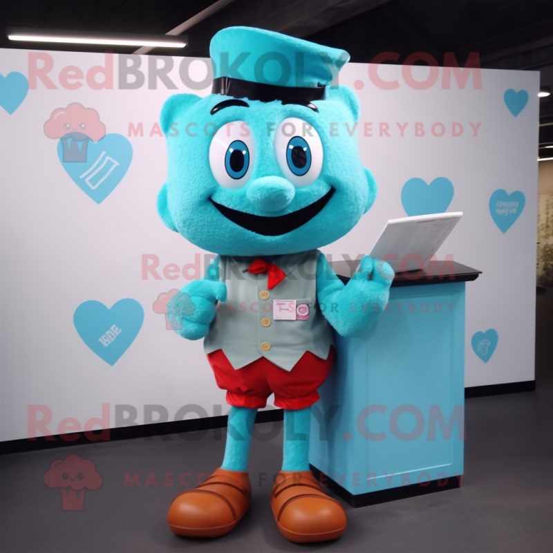 Cyan Love Letter mascot costume character dressed with a Vest and ...