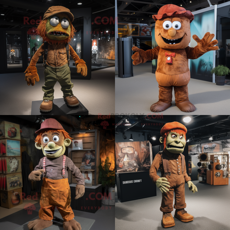 Personaje de disfraz de mascota Rust Frankenstein vestido con pantalones de pana y gorros ...