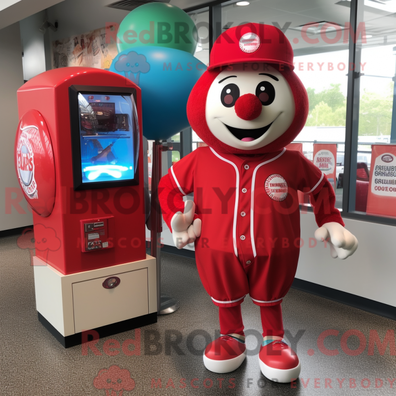 Red Gumball Machine mascot costume character dressed with a Baseball ...