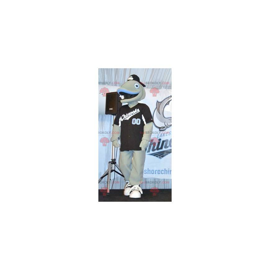 Very smiling gray and blue fish mascot - Animal