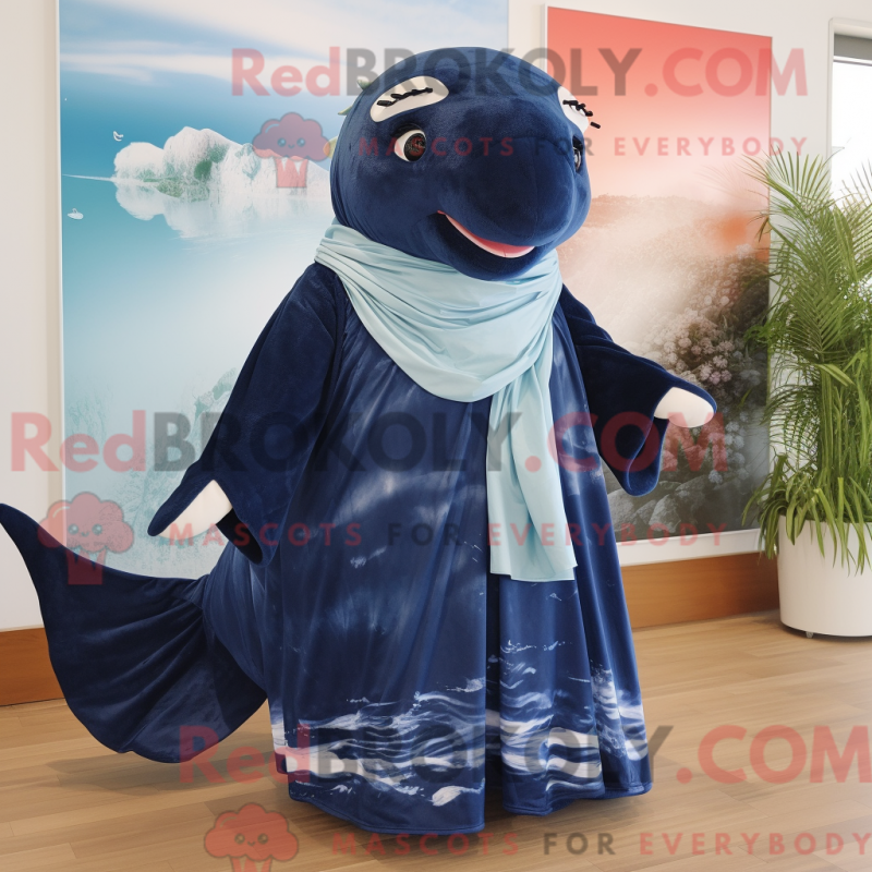 Navy Humpback Whale mascot costume character dressed with a Maxi Dress ...