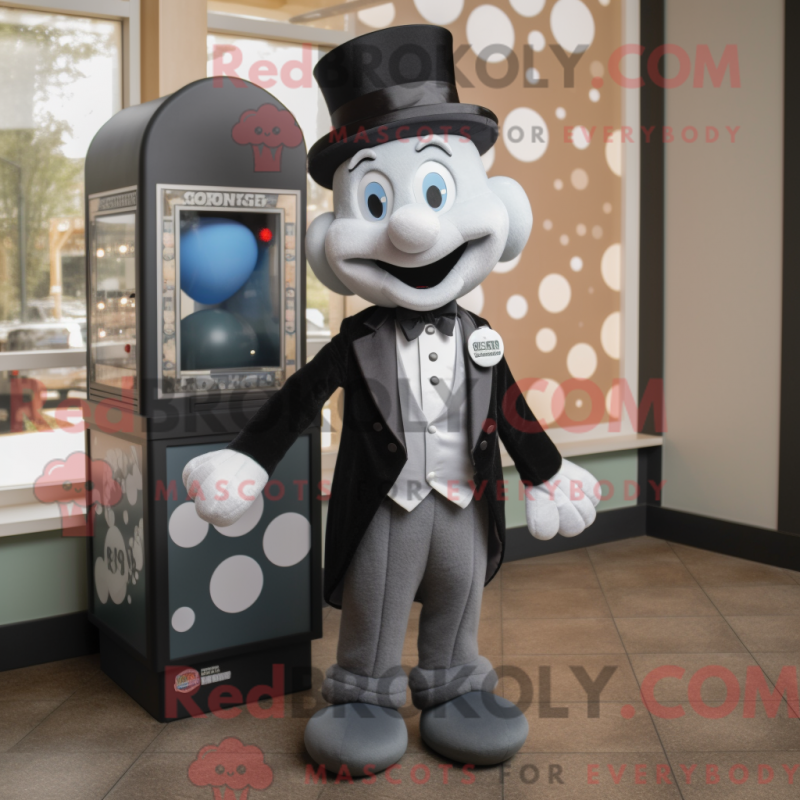 Gray Gumball Machine mascot costume character dressed with a Tuxedo and ...