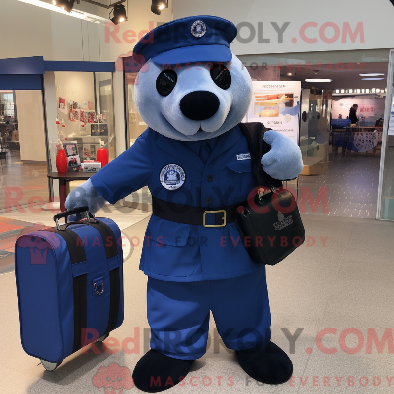 Costume de mascotte de Blue Navy Seal habillé avec une robe midi et des ...