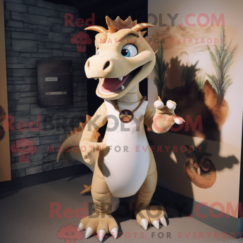Tan Dragon mascot costume character dressed with a Jeans and Tie pins ...