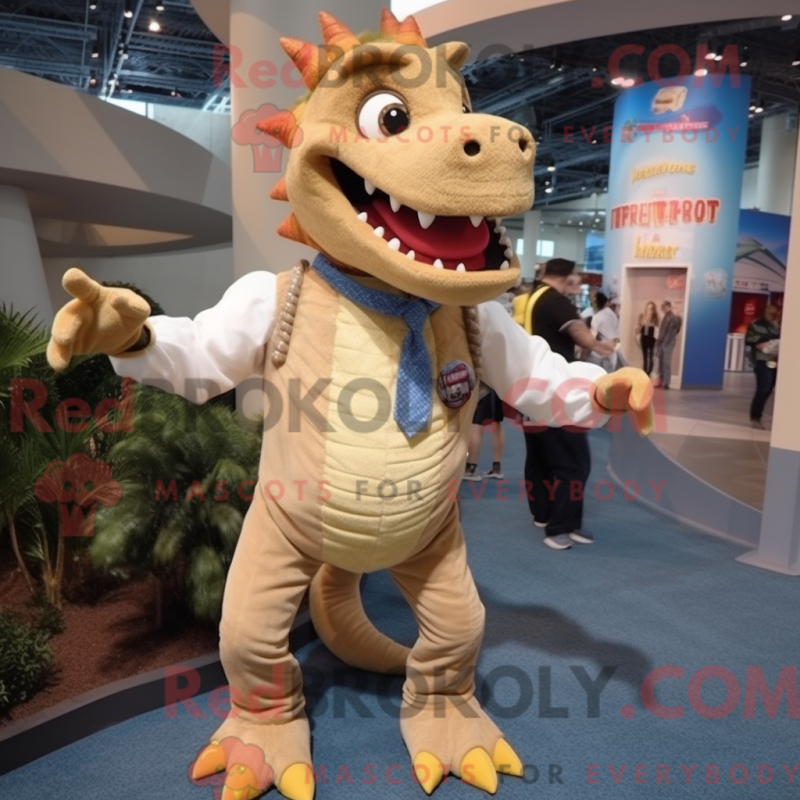 Tan Dragon mascot costume character dressed with a Jeans and Tie pins ...