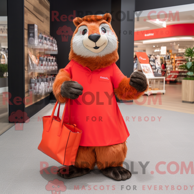 Red Marmot mascot costume character dressed with a Mini Dress and Tote ...