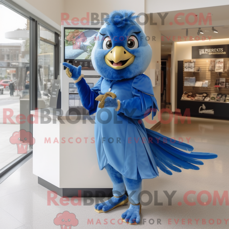 Gold Blue Jay mascot costume character dressed with a Skirt and Gloves ...