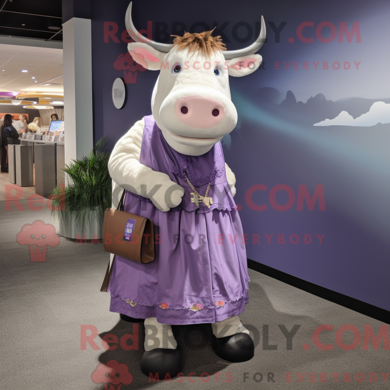 Lavender Hereford Cow mascot costume character dressed with a Maxi ...