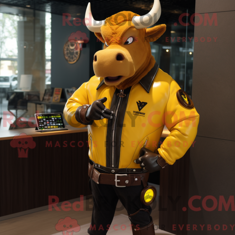 Yellow Bull mascot costume character dressed with a Leather Jacket and ...