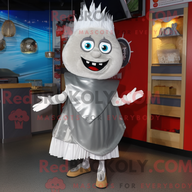 Silver Ceviche mascot costume character dressed with a Skirt and Foot ...