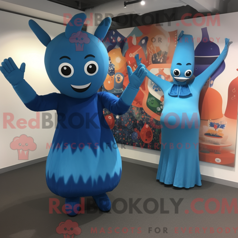 Blue Contortionist mascot costume character dressed with a Midi Dress ...