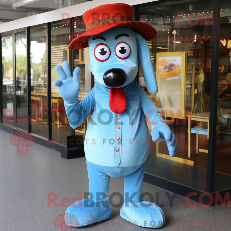 Sky Blue Hot Dog mascot costume character dressed with a Denim Shirt ...