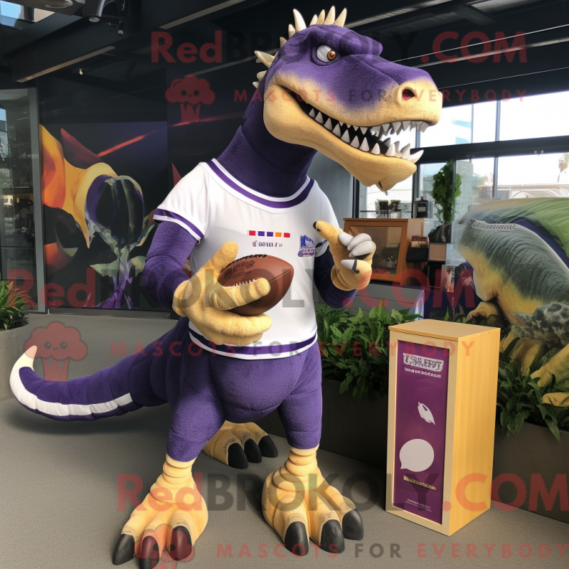 Purple Spinosaurus mascot costume character dressed with a Rugby Shirt ...