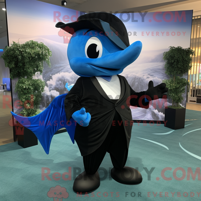 Blue Killer Whale mascot costume character dressed with a Wrap Dress ...