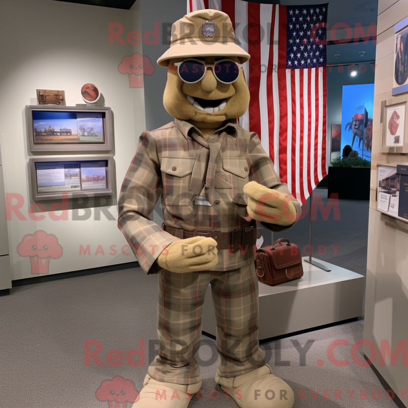 Tan American Soldier mascot costume character dressed with a Flannel ...