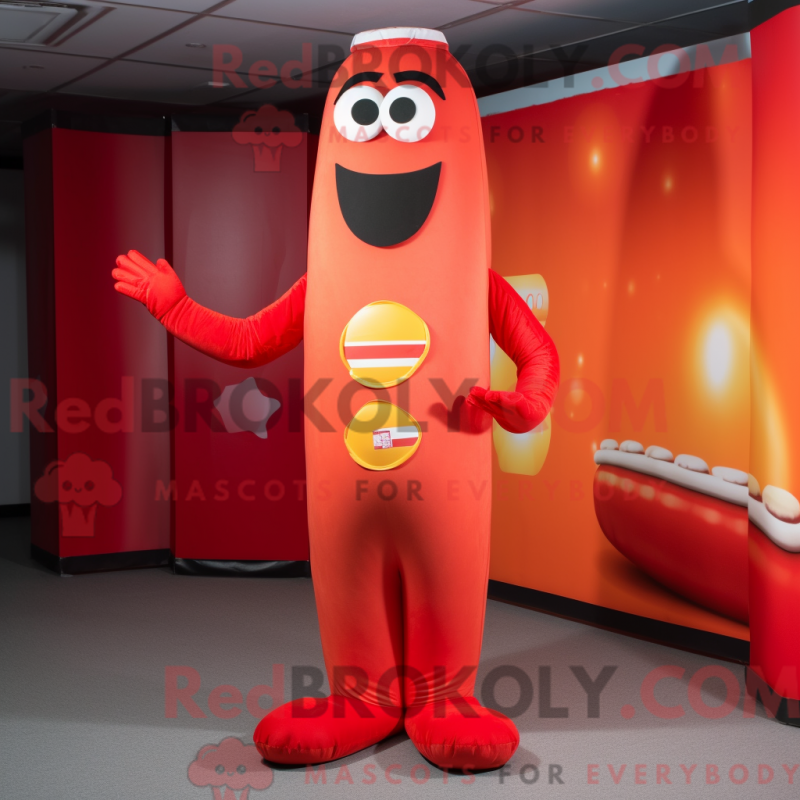 Red Hot Dog mascot costume character dressed with a Jumpsuit and ...