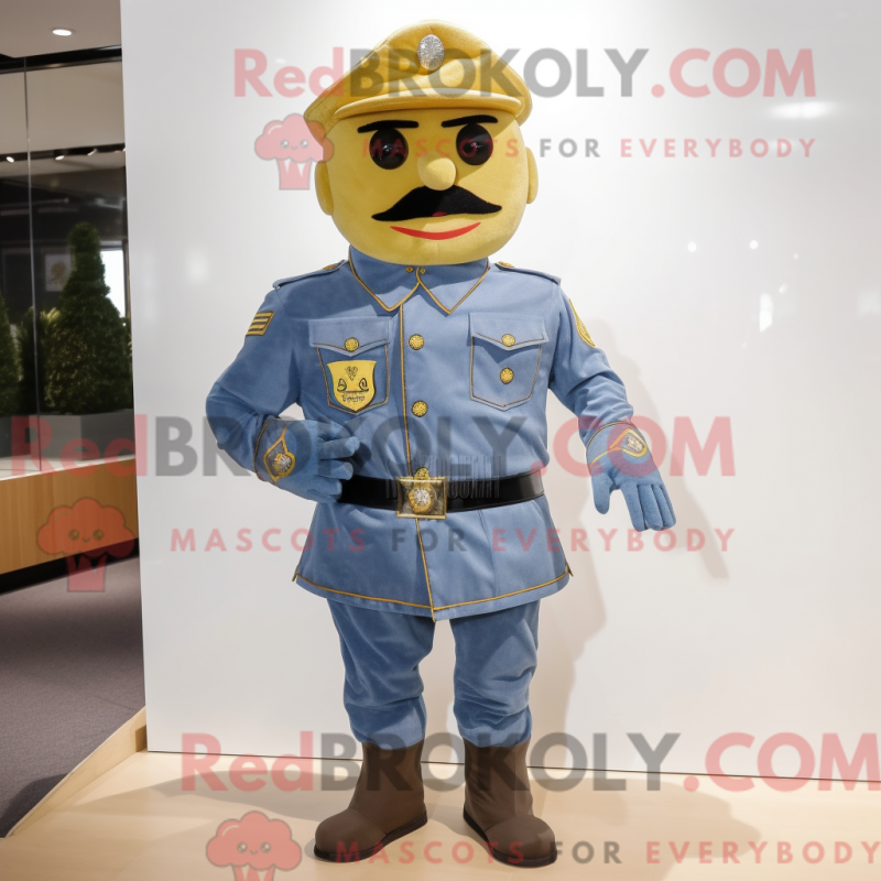 Gold Army Soldier mascot costume character dressed with a Denim Shirt ...