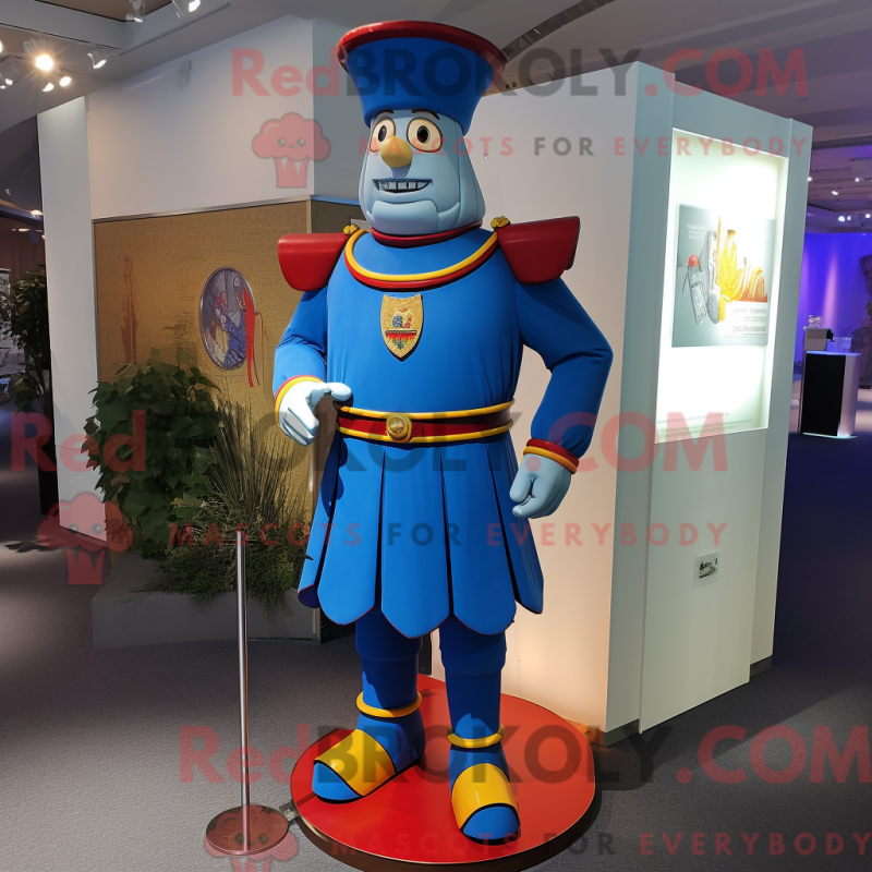 Blue Swiss Guard mascot costume character dressed with a Polo Shirt and ...