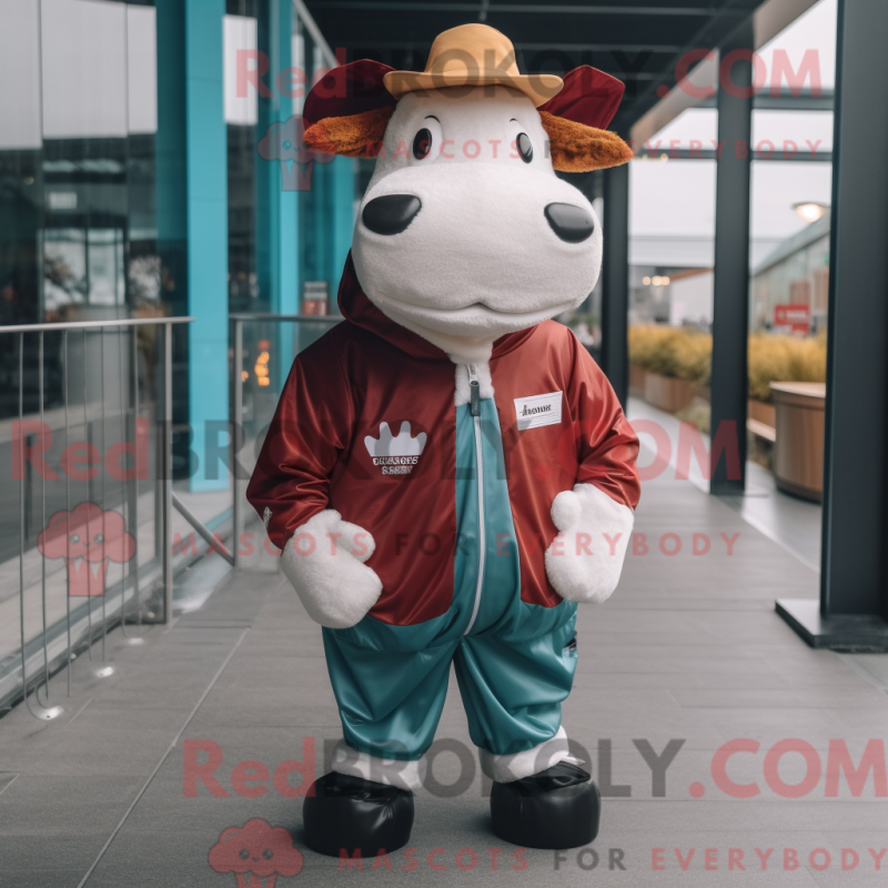 Hereford Cow mascot costume character dressed with a Windbreaker and ...
