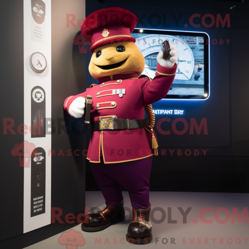 Maroon British Royal Guard mascot costume character dressed with a ...