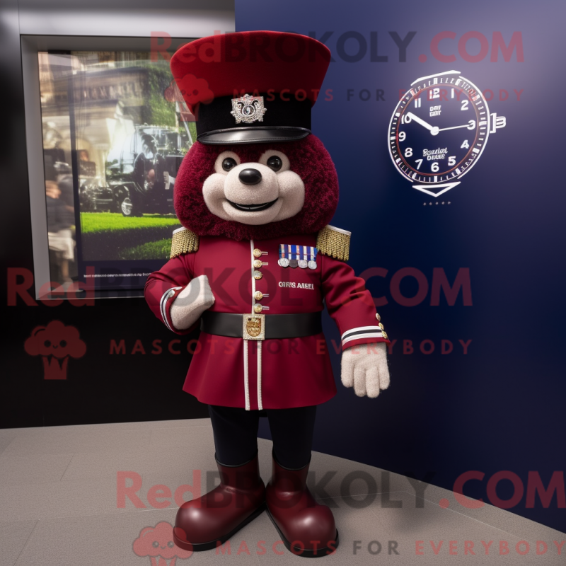 Maroon British Royal Guard mascot costume character dressed with a ...