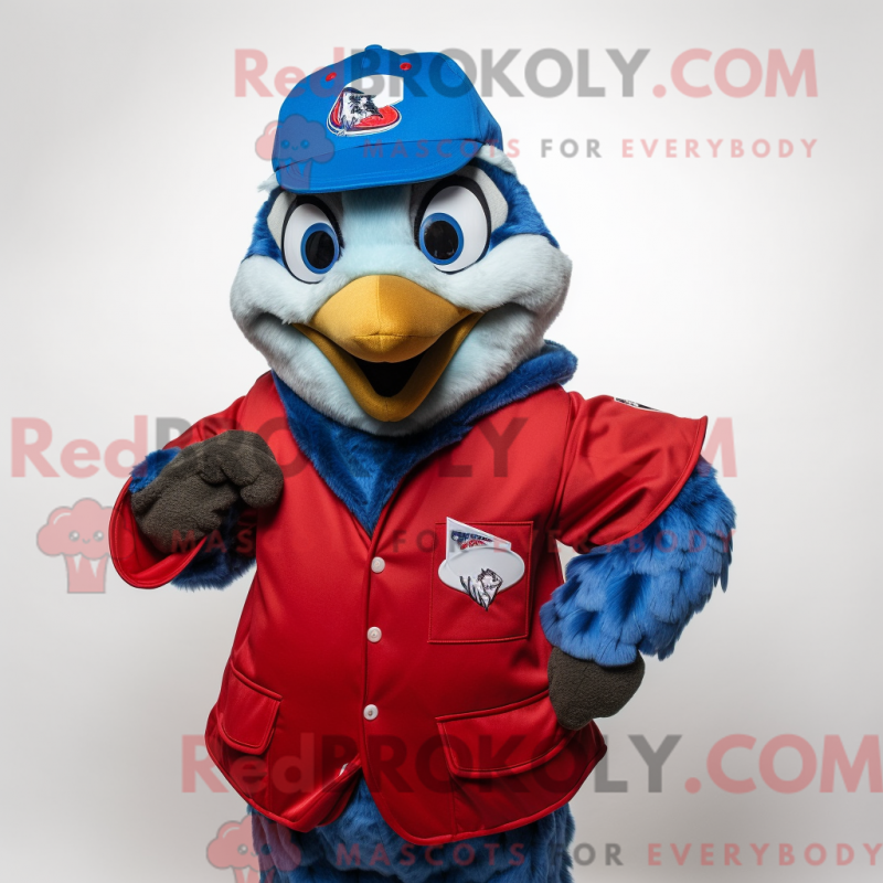 Red Blue Jay mascot costume character dressed with a Vest and Caps ...