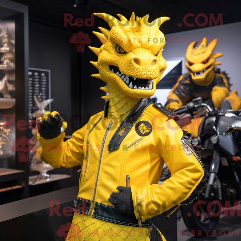 Yellow Dragon mascot costume character dressed with a Moto Jacket and ...