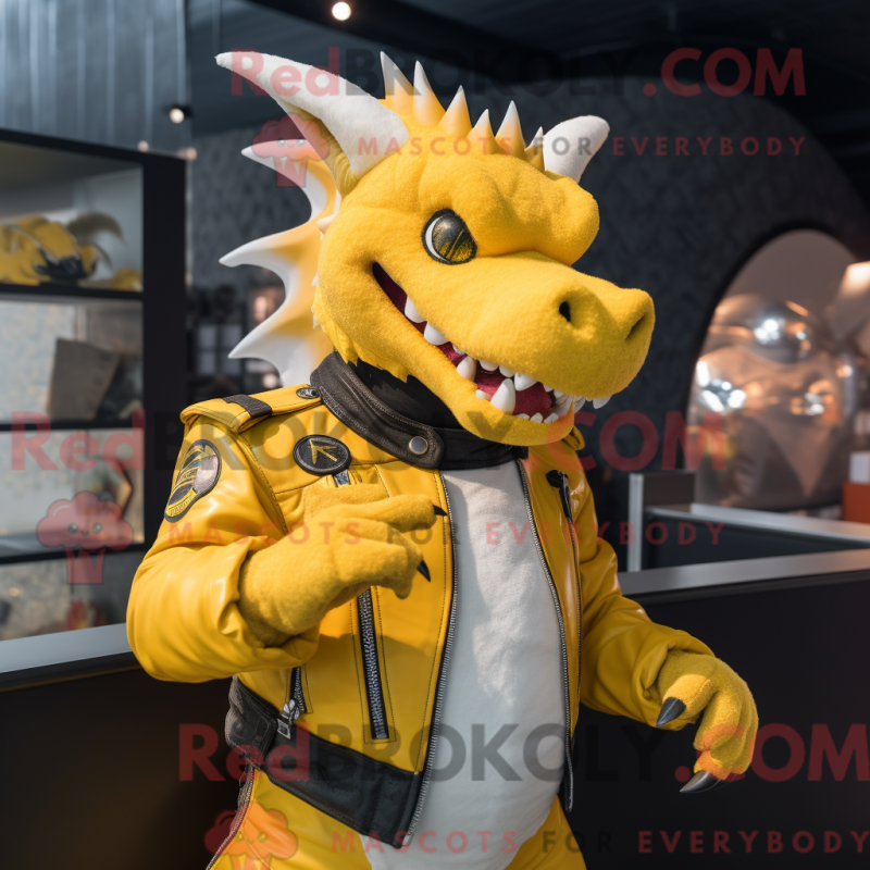 Yellow Dragon mascot costume character dressed with a Moto Jacket and ...