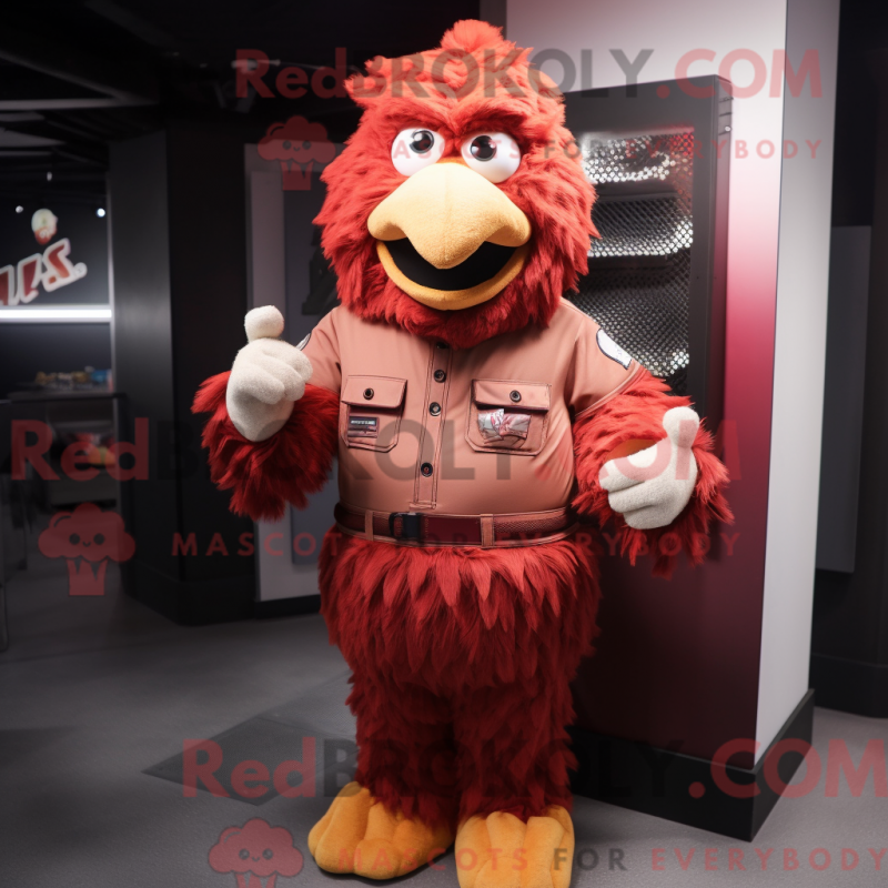 Maroon Fried Chicken mascot costume character dressed with a Cargo ...