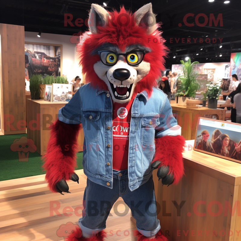 Red Werewolf mascot costume character dressed with a Denim Shorts and ...