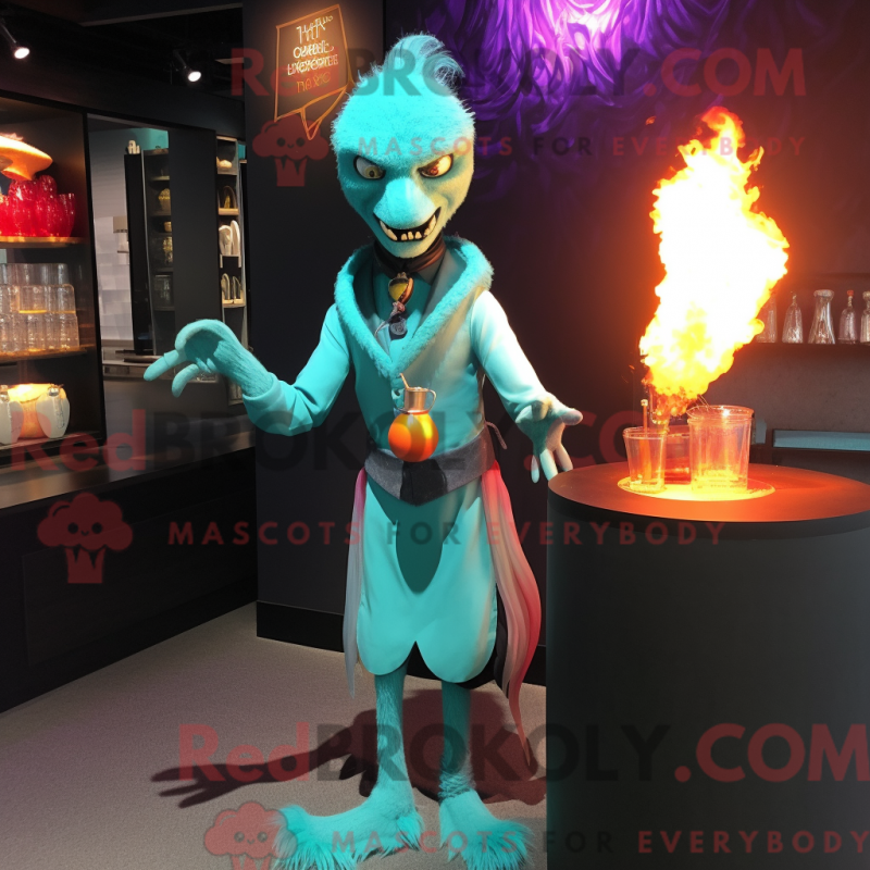Cyan Fire Eater mascot costume character dressed with a Cocktail Dress ...